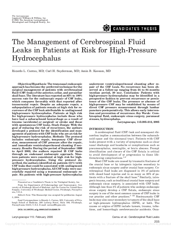 (PDF) The Management of Cerebrospinal Fluid Leaks in Patients at Risk for High-Pressure ...