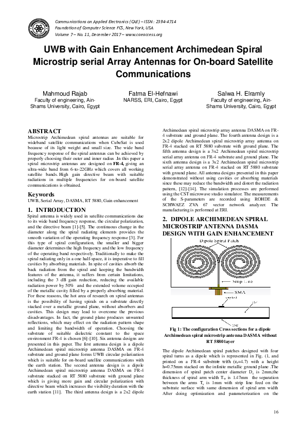 (PDF) UWB with Gain Enhancement Archimedean Spiral Microstrip serial Array Antennas for On-board ...
