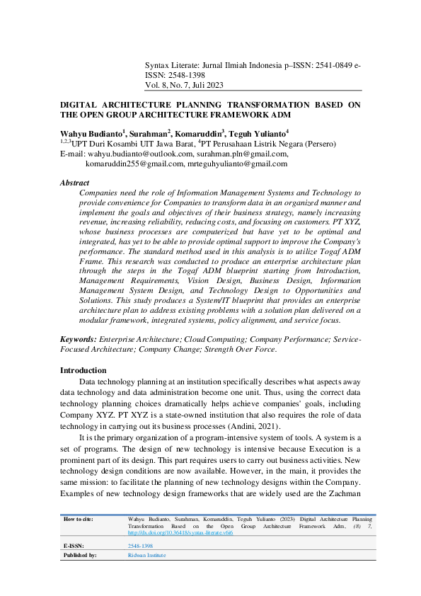 (PDF) Digital Architecture Planning Transformation Based on the Open Group Architecture ...