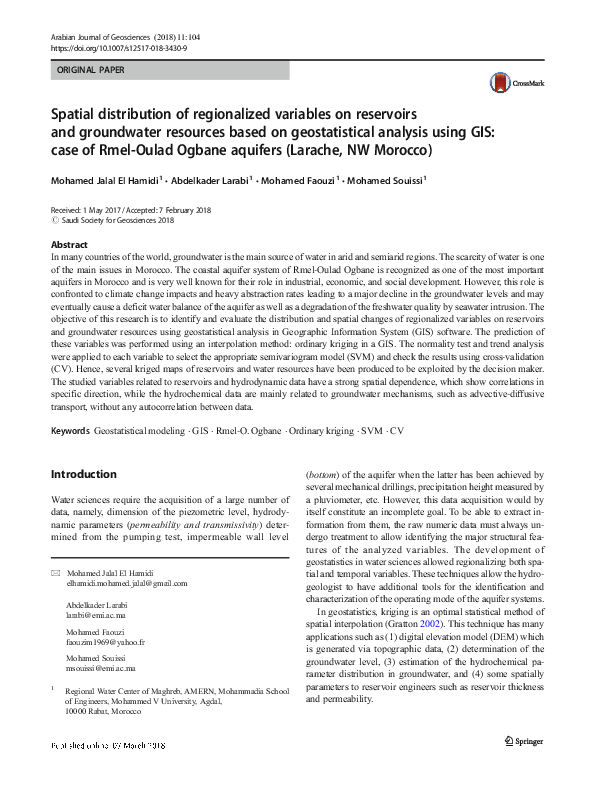 Pdf Geostatistical Analysis Of Rmel Oulad Ogbane Aquifers 