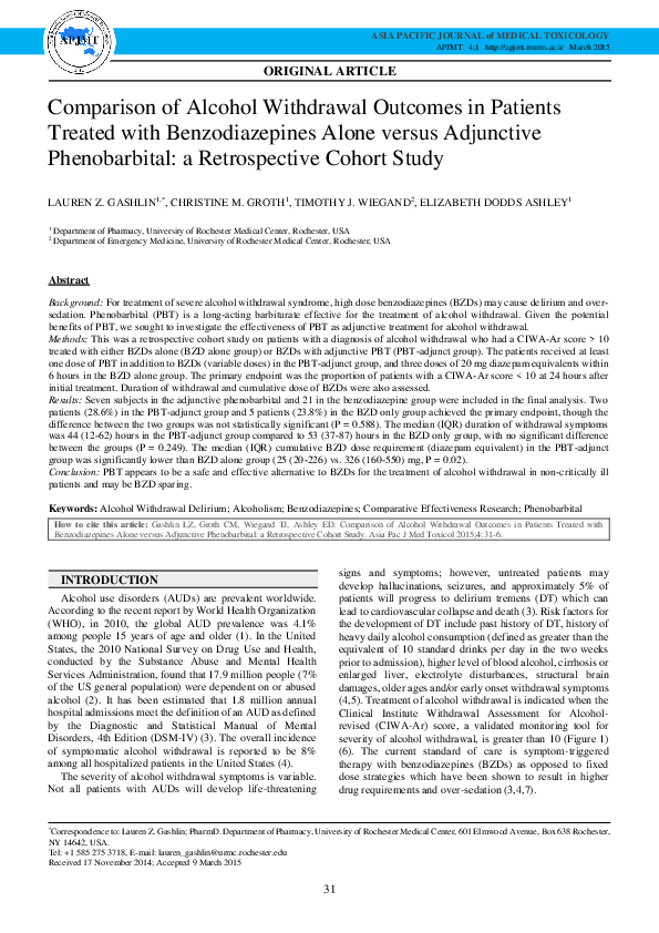 Comparison of Alcohol Withdrawal Outcomes in Patients Treated with ...