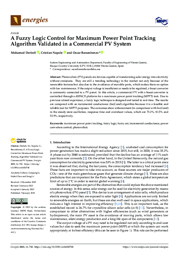 Pdf A Fuzzy Logic Control For Maximum Power Point Tracking Algorithm Validated In A Commercial