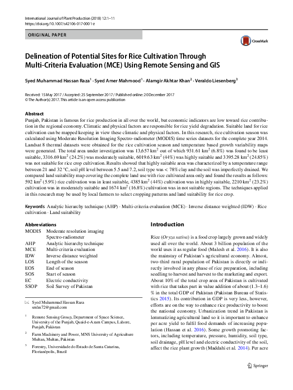 Pdf Delineation Of Potential Sites For Rice Cultivation Through Multi Criteria Evaluation Mce