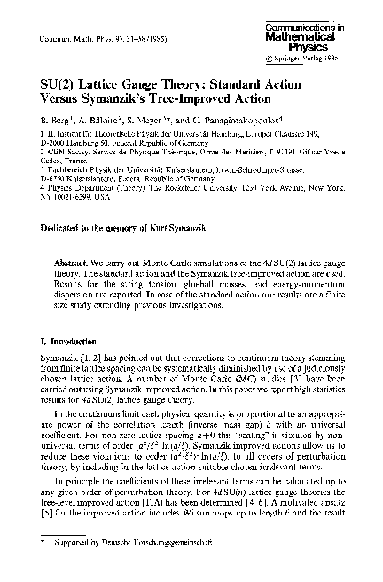 (PDF) SU(2) lattice gauge theory: Standard action versus Symanzik's tree-improved action