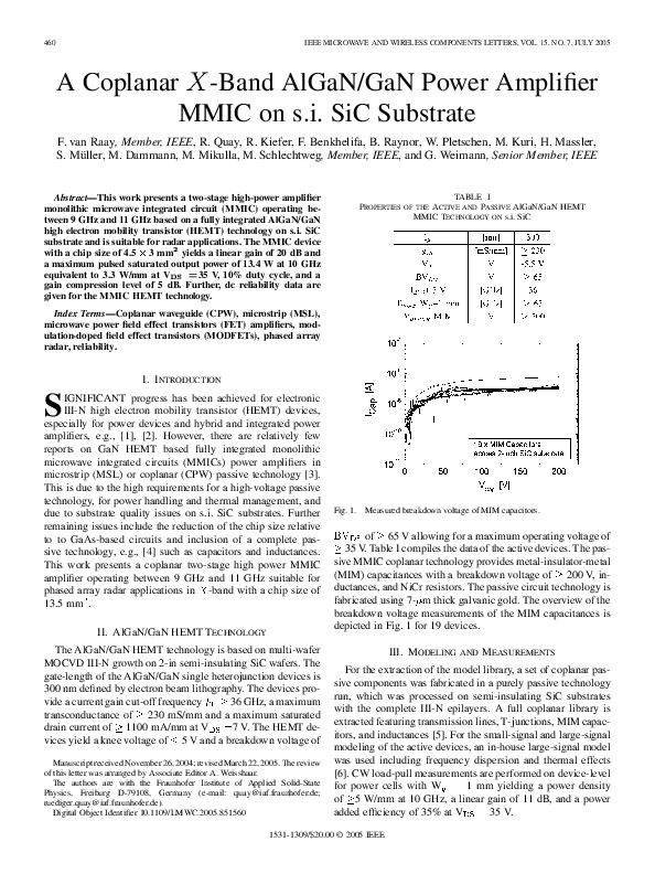(PDF) A coplanar X-band AlGaN/GaN power amplifier MMIC on s.i. SiC substrate
