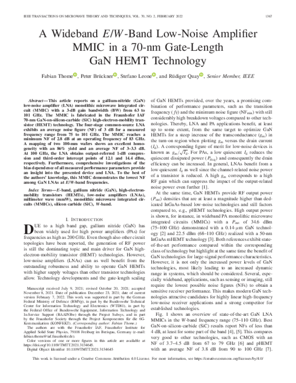 (PDF) A Wideband E/W-Band Low-Noise Amplifier MMIC in a 70-nm Gate ...
