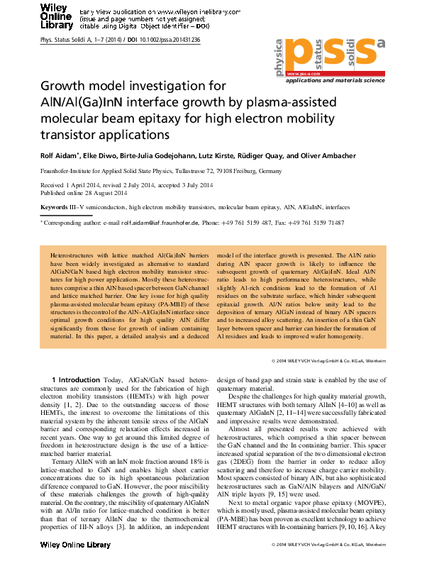 (PDF) Growth model investigation for AlN/Al(Ga)InN interface growth by plasma-assisted molecular ...