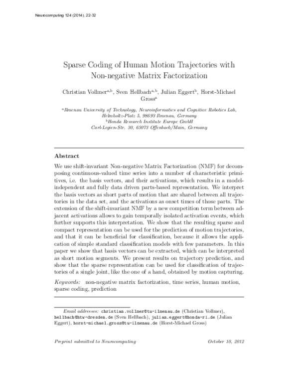 (PDF) Sparse coding of human motion trajectories with non-negative matrix factorization