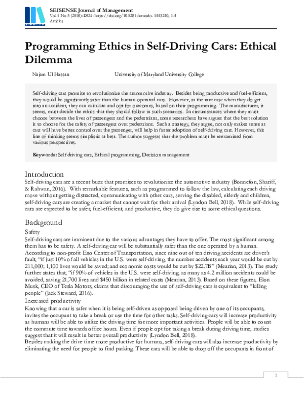 (PDF) Programming Ethics in Self-Driving Cars: Ethical Dilemma