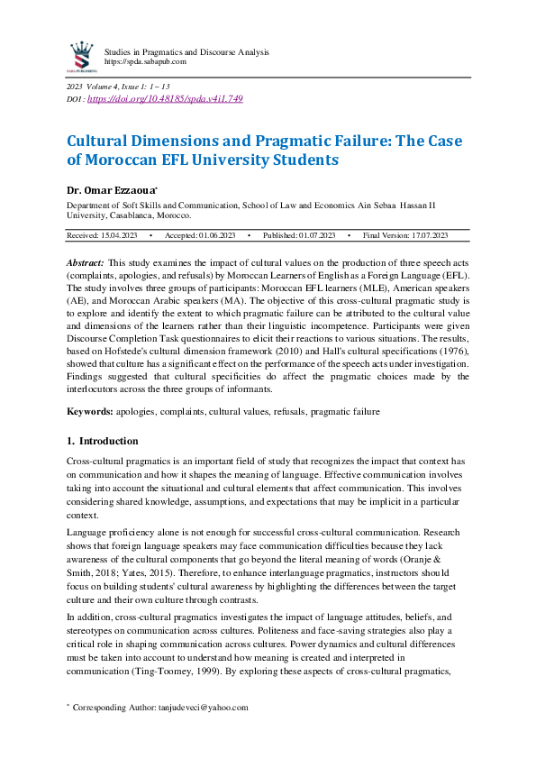 (PDF) Cultural Dimensions and Pragmatic Failure: The Case of Moroccan ...