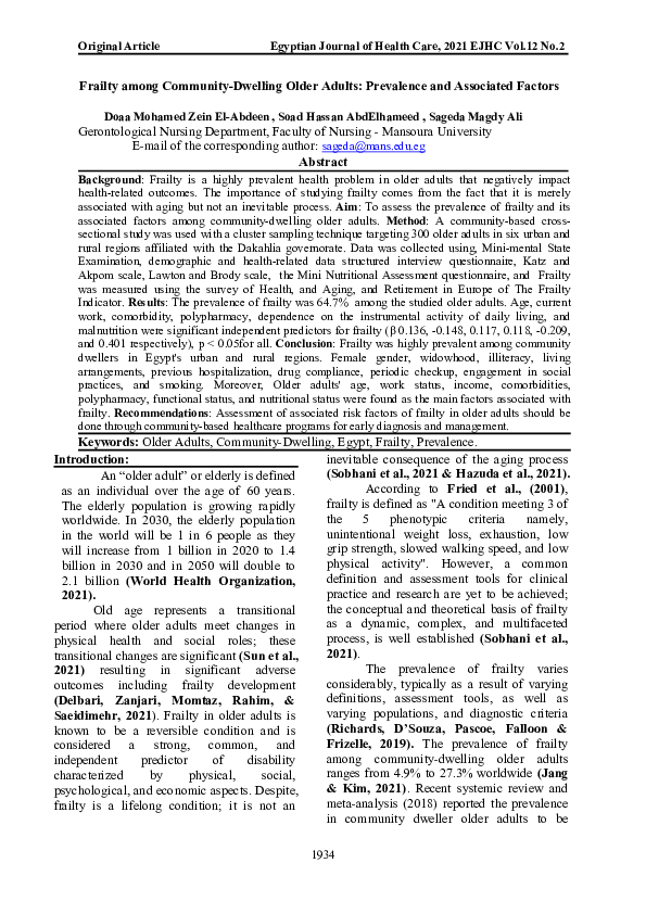 (PDF) Frailty among Community-Dwelling Older Adults: Prevalence and Associated Factors