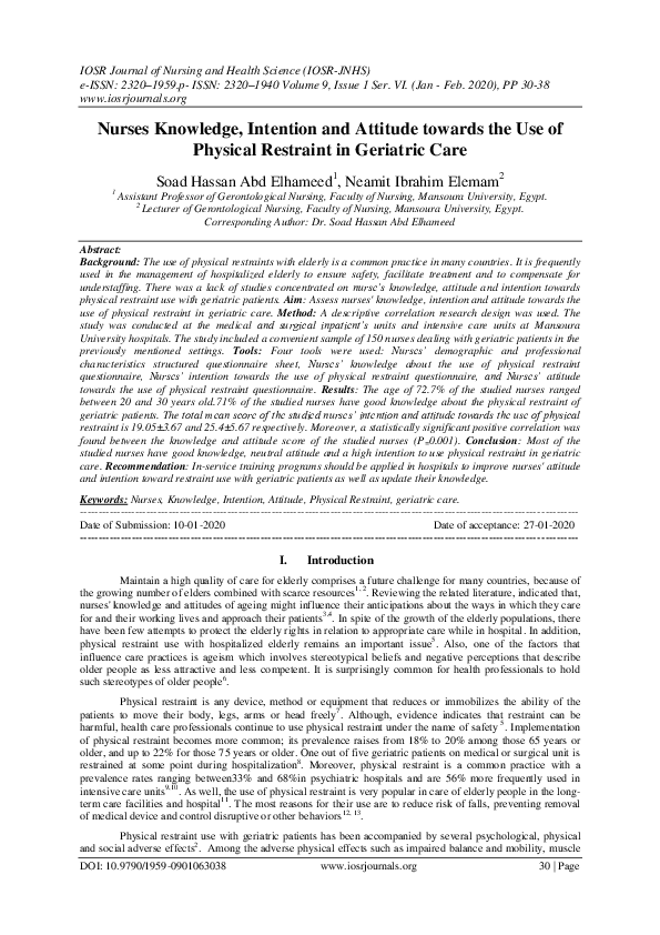 (PDF) Nurses Knowledge, Intention and Attitude towards the Use of Physical Restraint in ...