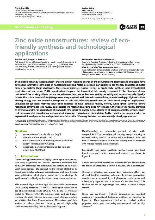 (PDF) Zinc oxide nanostructures: review of ecofriendly synthesis and technological applications