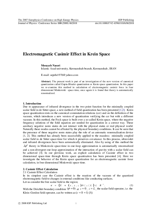 (PDF) Electromagnetic Casimir effect in Krein space