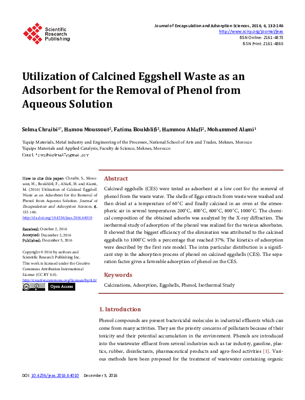 (PDF) Utilization of Calcined Eggshell Waste as an Adsorbent for the Removal of Phenol from ...