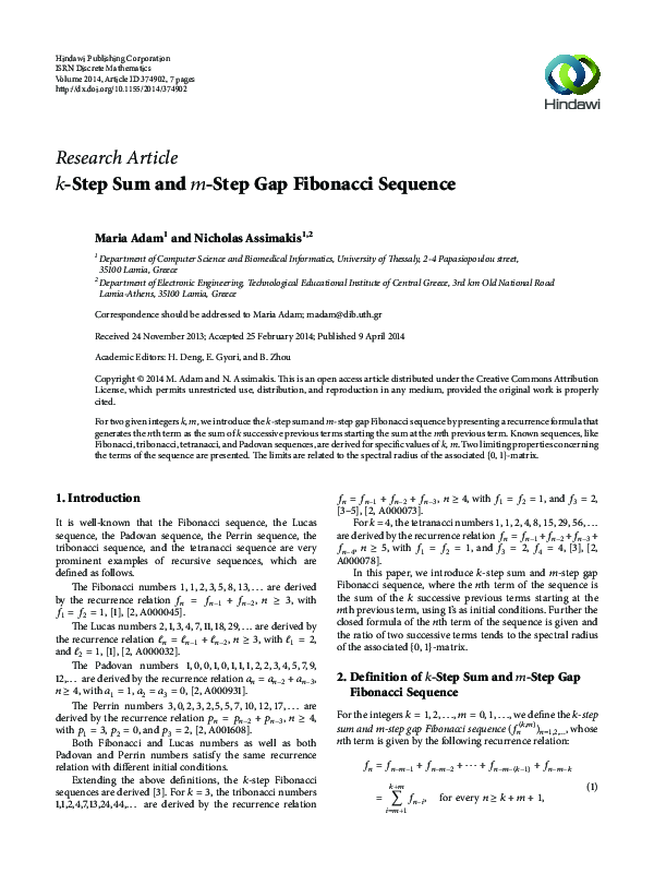 (PDF) k-Step Sum and m-Step Gap Fibonacci Sequence | Maria Adam - Academia.edu