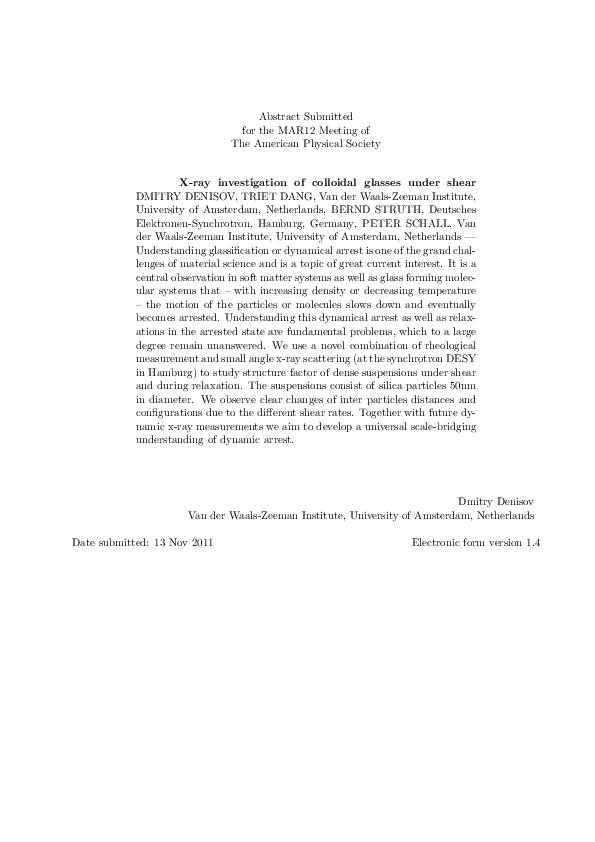 (PDF) X-ray investigation of colloidal glasses under shear