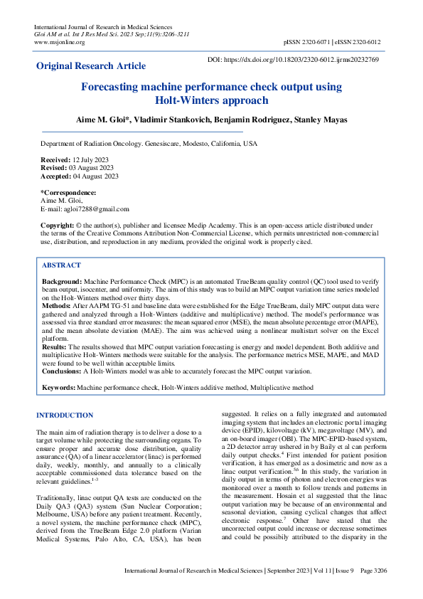 (PDF) Forecasting machine performance check output using Holt-Winters approach