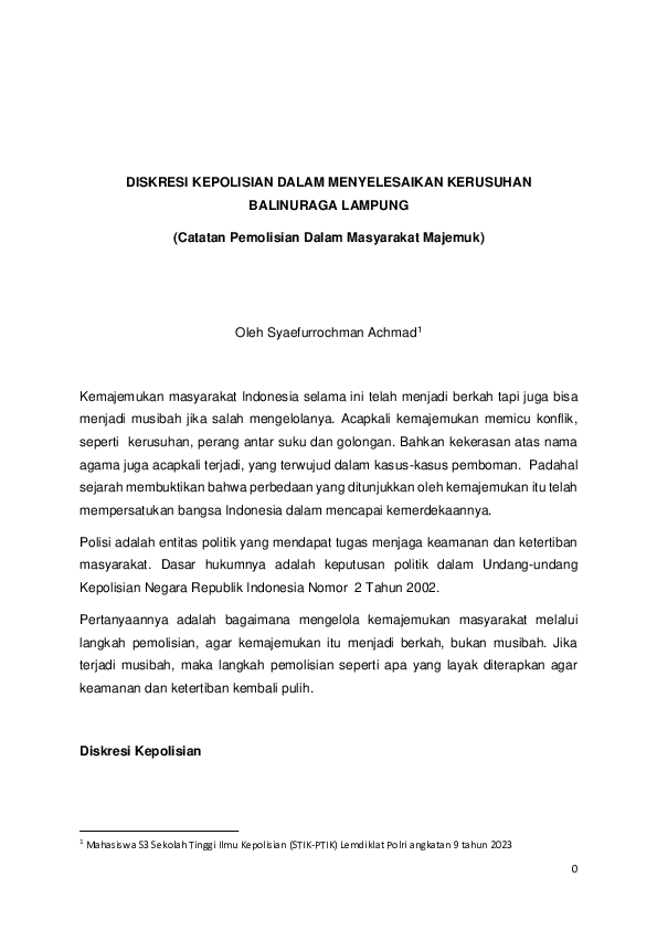 (PDF) Diskresi Kepolisian Sebagai Senjata Pamungkas Menyelesaikan ...