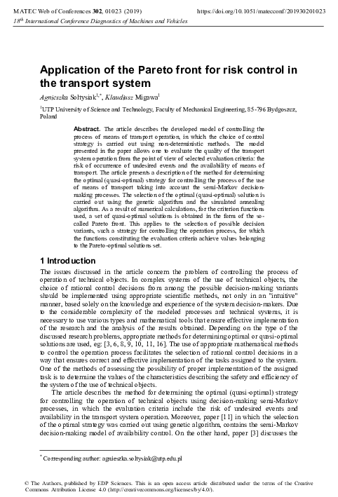 (PDF) Application of the Pareto front for risk control in the transport system