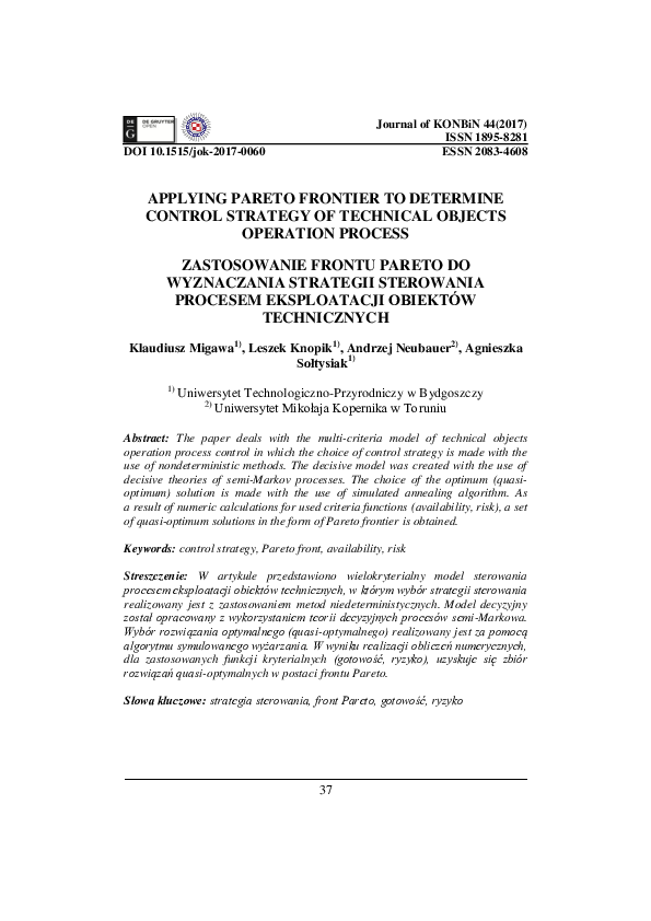 (PDF) Applying Pareto Frontier to Determine Control Strategy of Technical Objects Operation Process