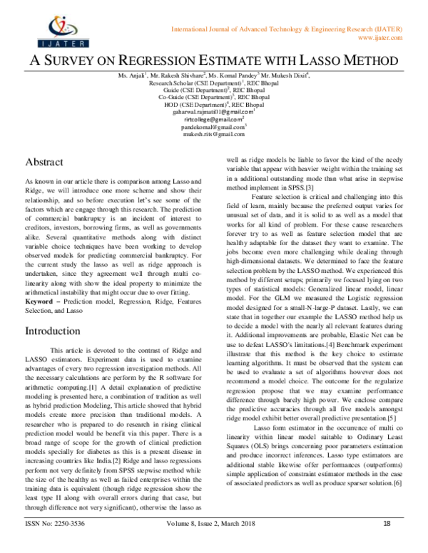 (PDF) A Survey on Regression Estimate with Lasso Method