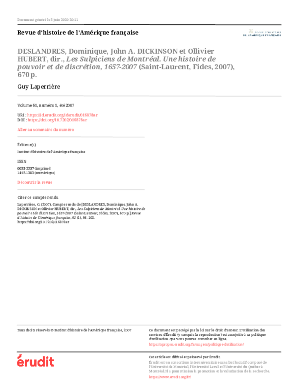 (PDF) Deslandres, Dominique, John A. Dickinson et Ollivier Hubert, dir ...