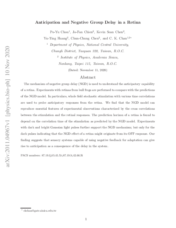 (PDF) Anticipation and negative group delay in a retina | Kevin Sean ...