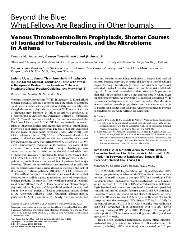 (PDF) Venous Thromboembolism Prophylaxis, Shorter Courses of Isoniazid ...