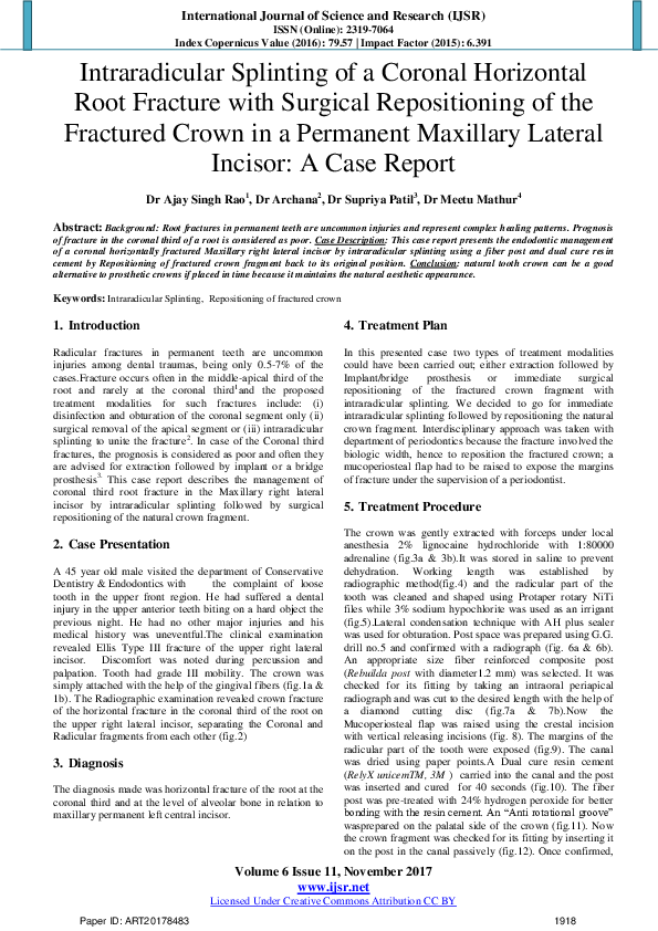 (PDF) Intraradicular Splinting of a Coronal Horizontal Root Fracture ...
