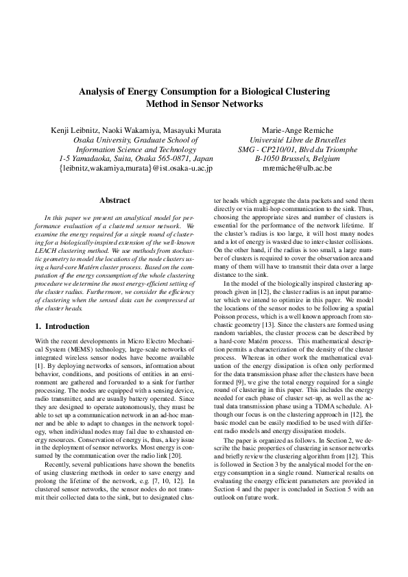 (PDF) Analysis of energy consumption for a biological clustering method in sensor networks