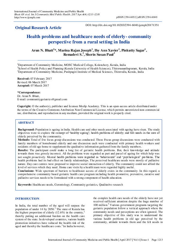 (PDF) Health problems and healthcare needs of elderly- community ...
