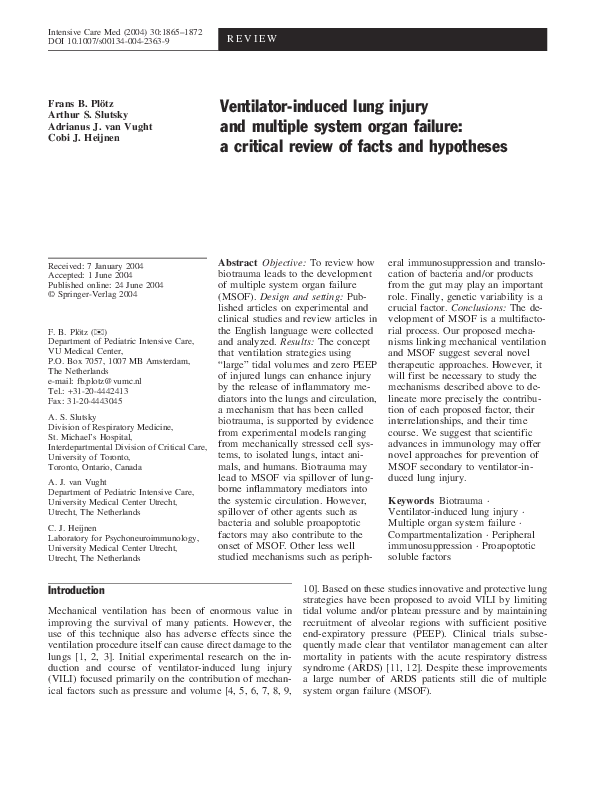 (PDF) Ventilator-induced lung injury and multiple system organ failure ...