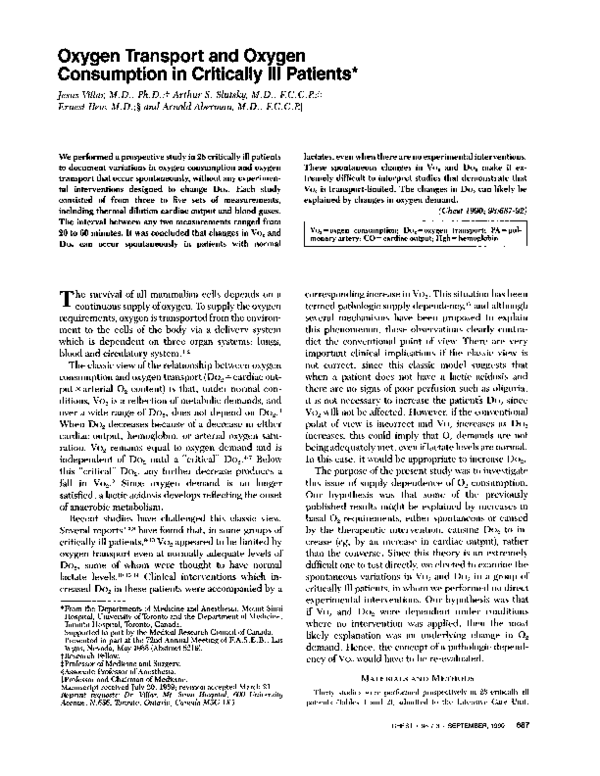 (PDF) Oxygen transport and oxygen consumption in critically ill patients