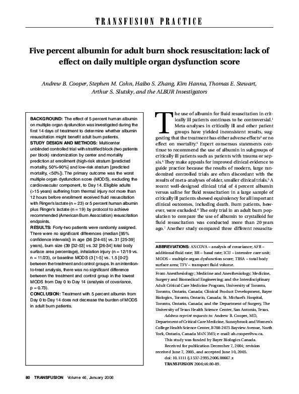 (PDF) Five percent albumin for adult burn shock resuscitation: lack of ...