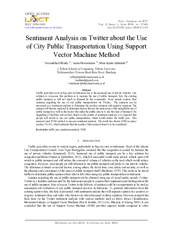 Pdf Sentiment Analysis On Twitter About The Use Of City Public Transportation Using Support