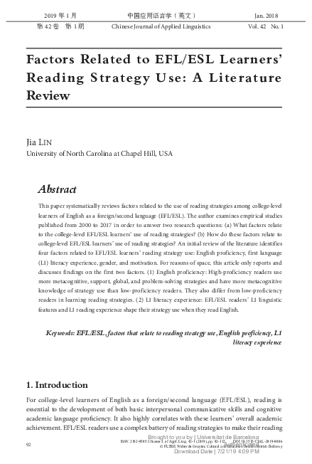 (PDF) Factors Related to EFL/ESL Learners' Reading Strategy Use: A Literature Review
