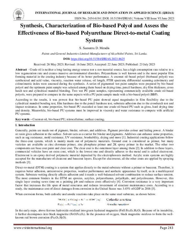 (PDF) Synthesis, Characterization of Bio-based Polyol and Assess the Effectiveness of Bio-based ...