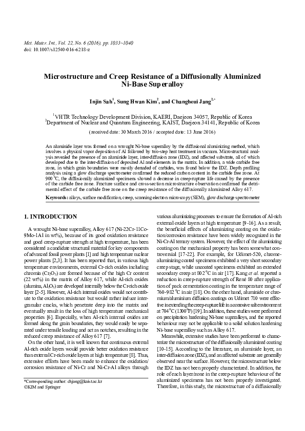 Pdf Microstructure And Creep Resistance Of A Diffusionally Aluminized Ni Base Superalloy