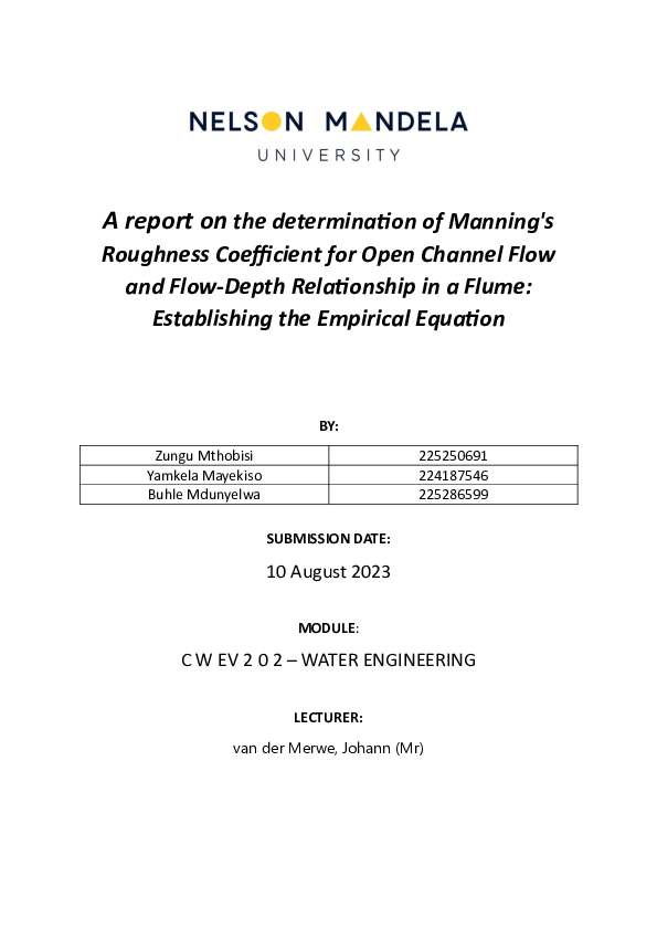 (PDF) A report on the determination of Manning's Roughness Coefficient for Open Channel Flow and ...