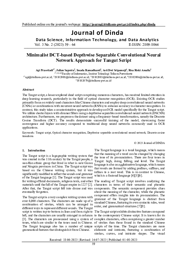 Pdf Minimalist Dct Based Depthwise Separable Convolutional Neural Network Approach For Tangut