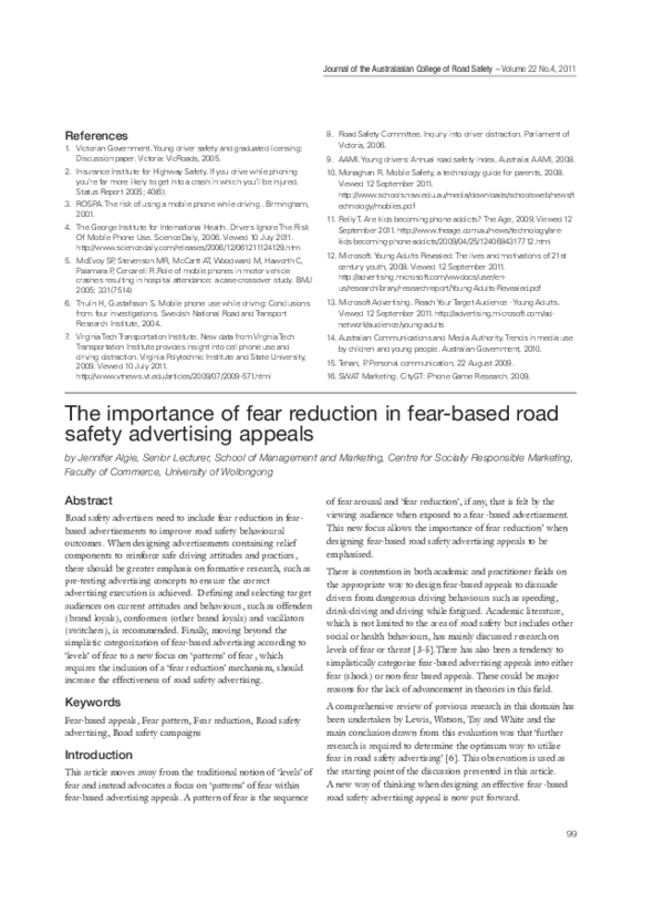 (PDF) The importance of fear reduction in fear-based road safety ...