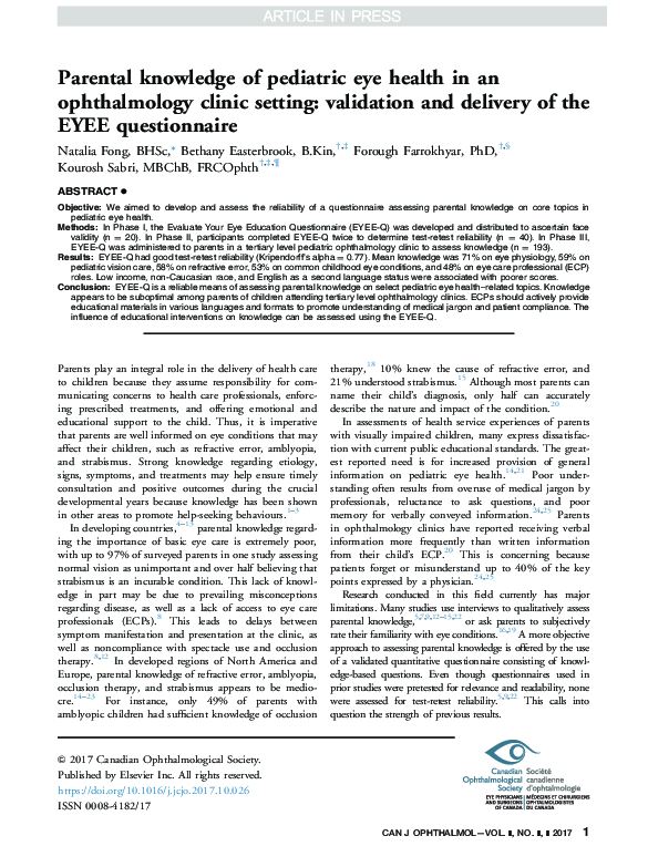 (PDF) Parental knowledge of pediatric eye health in an ophthalmology ...