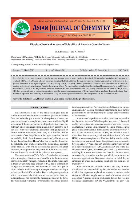 (PDF) Physico-Chemical Aspects of Solubility of Reactive Gases in Water