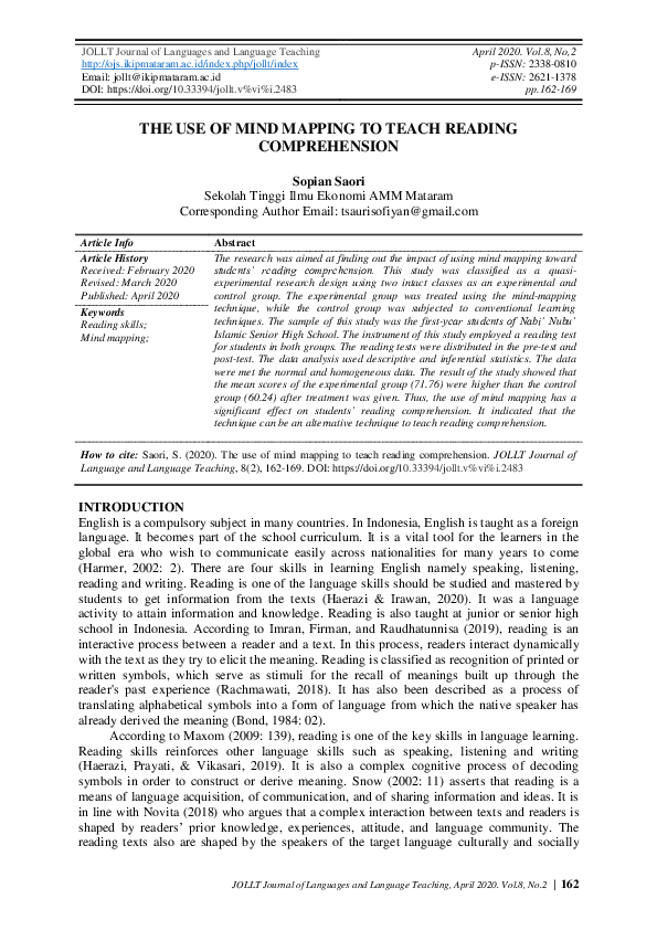(PDF) The Use of Mind Mapping to Teach Reading Comprehension