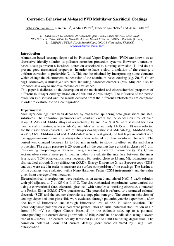 (PDF) Corrosion Behavior of Al-based PVD Multilayer Sacrificial Coatings