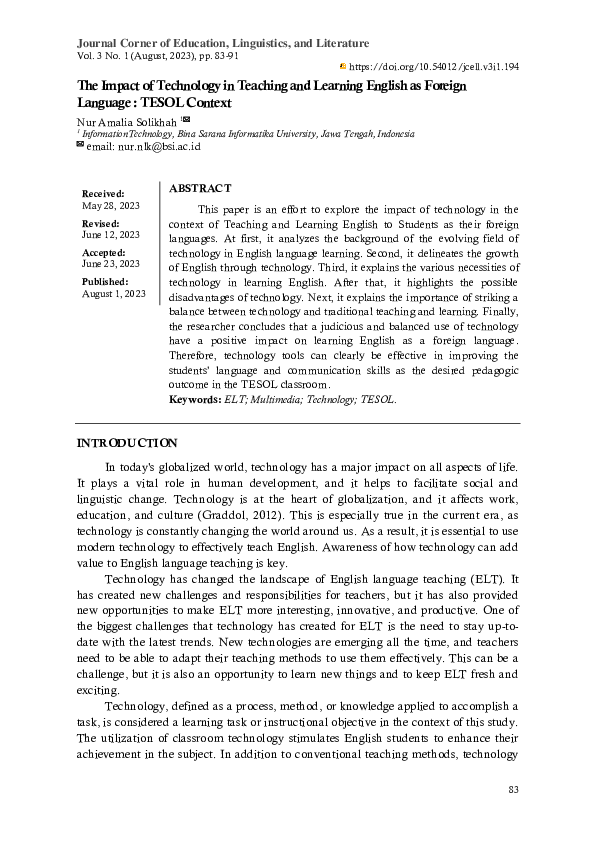 (PDF) Impact of Technology in Teaching and Learning English as Foreign ...