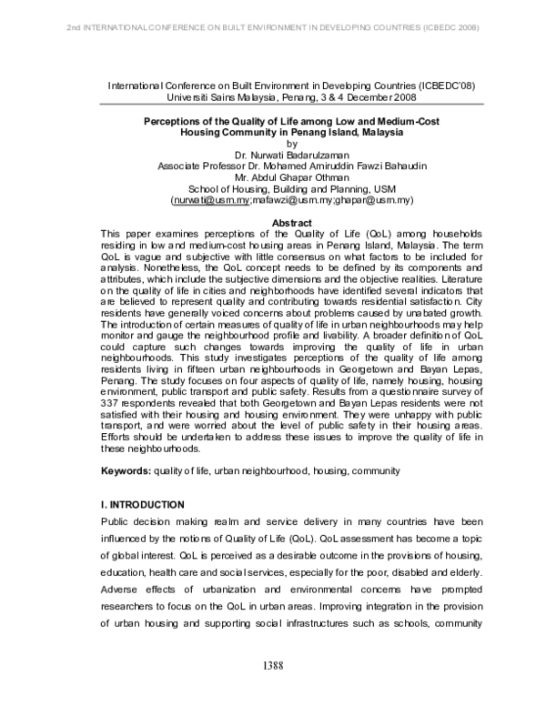 (PDF) Perceptions of the quality of life among low and medium-cost ...
