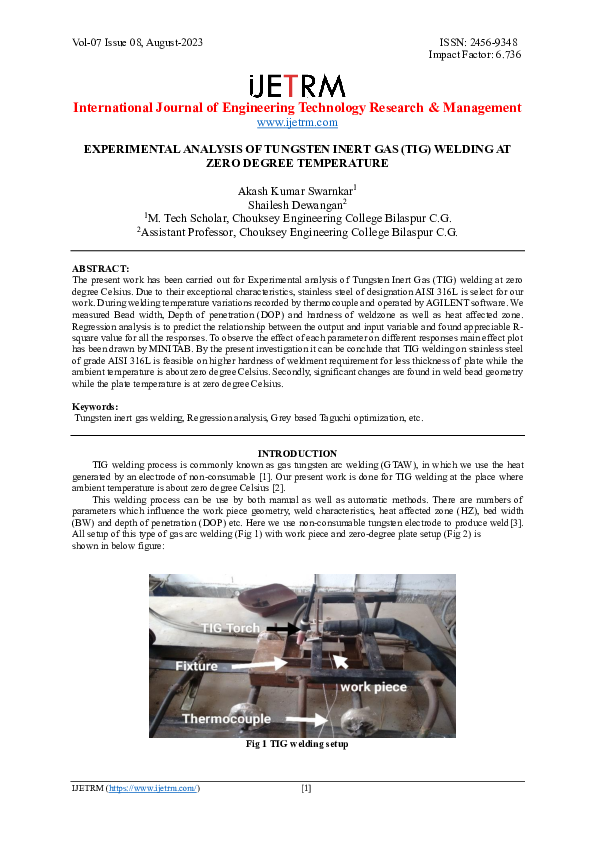 (PDF) EXPERIMENTAL ANALYSIS OF TUNGSTEN INERT GAS (TIG) WELDING AT ZERO DEGREE TEMPERATURE