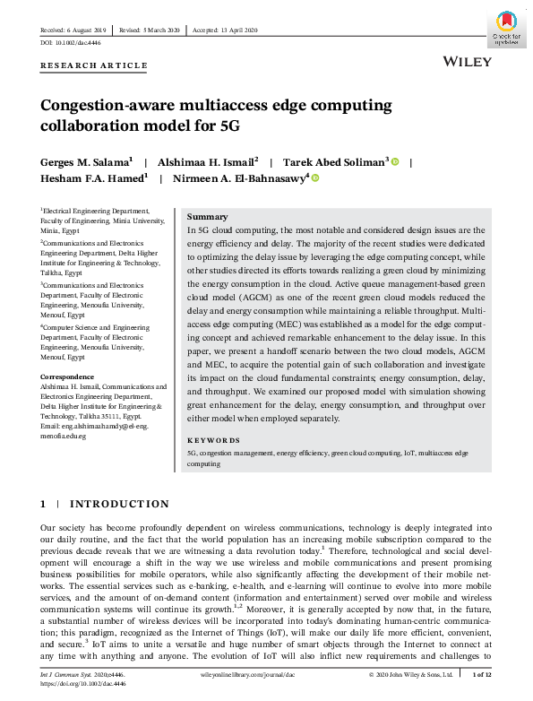 Pdf Congestion Aware Multiaccess Edge Computing Collaboration Model For 5g Gerges M Salama